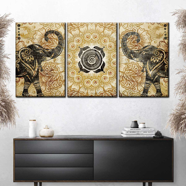 Bungalow Rose Elephant Lotus Mandala On Canvas 3 Pieces by NirvanaDesigns Set | Wayfair
